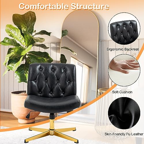 HomVent Armless Office Desk Chair No Wheels, PU Leather Tufted Padded Cute Desk Chair, Modern Ergonomic Computer Desk Chair w/Gold Cross Base,Adjustable Swivel Desk Chair for Makeup Vanity Study Black