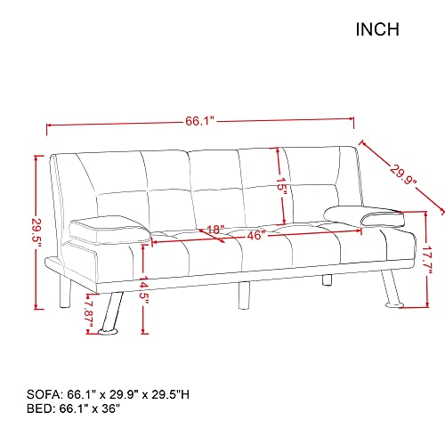 YUNLife Twin Size Linen Upholstered Modern Convertible Folding Futon Loveseat Sofa Sleeper Bed 2 Seaters Recliner Couch with Cup Holders,3 Angles,Metal Legs,Removable Soft Pillow-Top Armrest