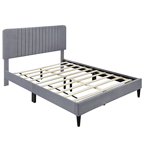 Harper & Bright Designs Full Size Upholstered Platform Bed for Boys Girls Kids Adults, No Box Spring Needed for Boys Girls Kids Adults, Velvet Fabric,Gray