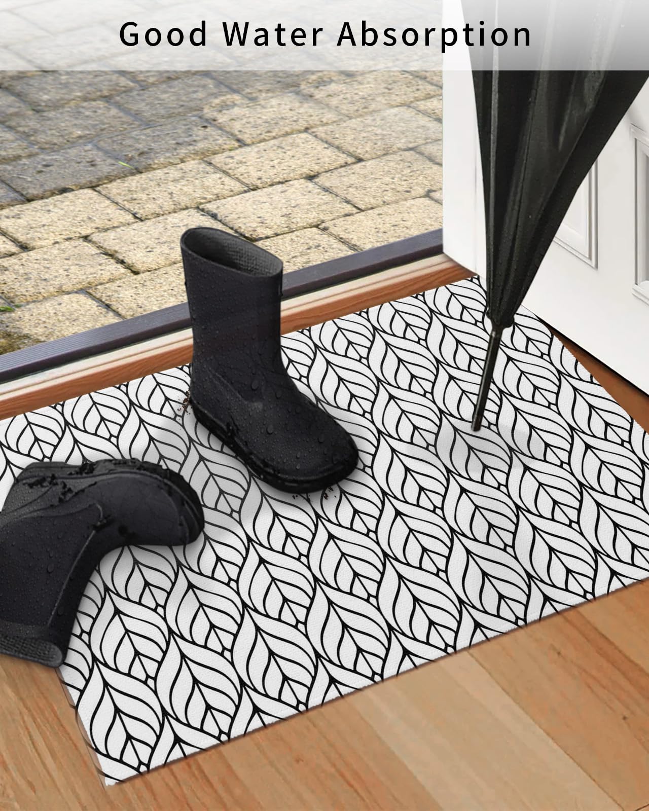 Indoor Outdoor Mats, Black and White Leaf Tile Pattern Door Mat, Non-Slip Absorbent Resist Dirt Entrance Mat Washable Welcome Mats for Entryway, Low-Profile Floor Mats