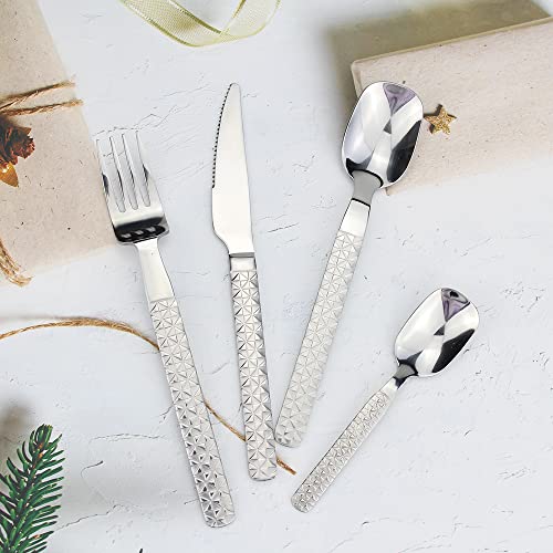Silverware Set Flatware Cutlery Geometric Hammered Stainless Steel Kitchen Utensils Tableware,Mirror Finished,Service with Steak Knives Dinner Fork Knife Spoon