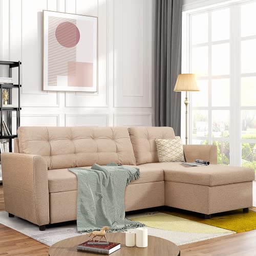YOLENY 83inch Convertible Sectional Sofa with 3-Seat Sofa,L-Shaped Couch with Storage Ottoman, for Apartment and Small Space, Beige