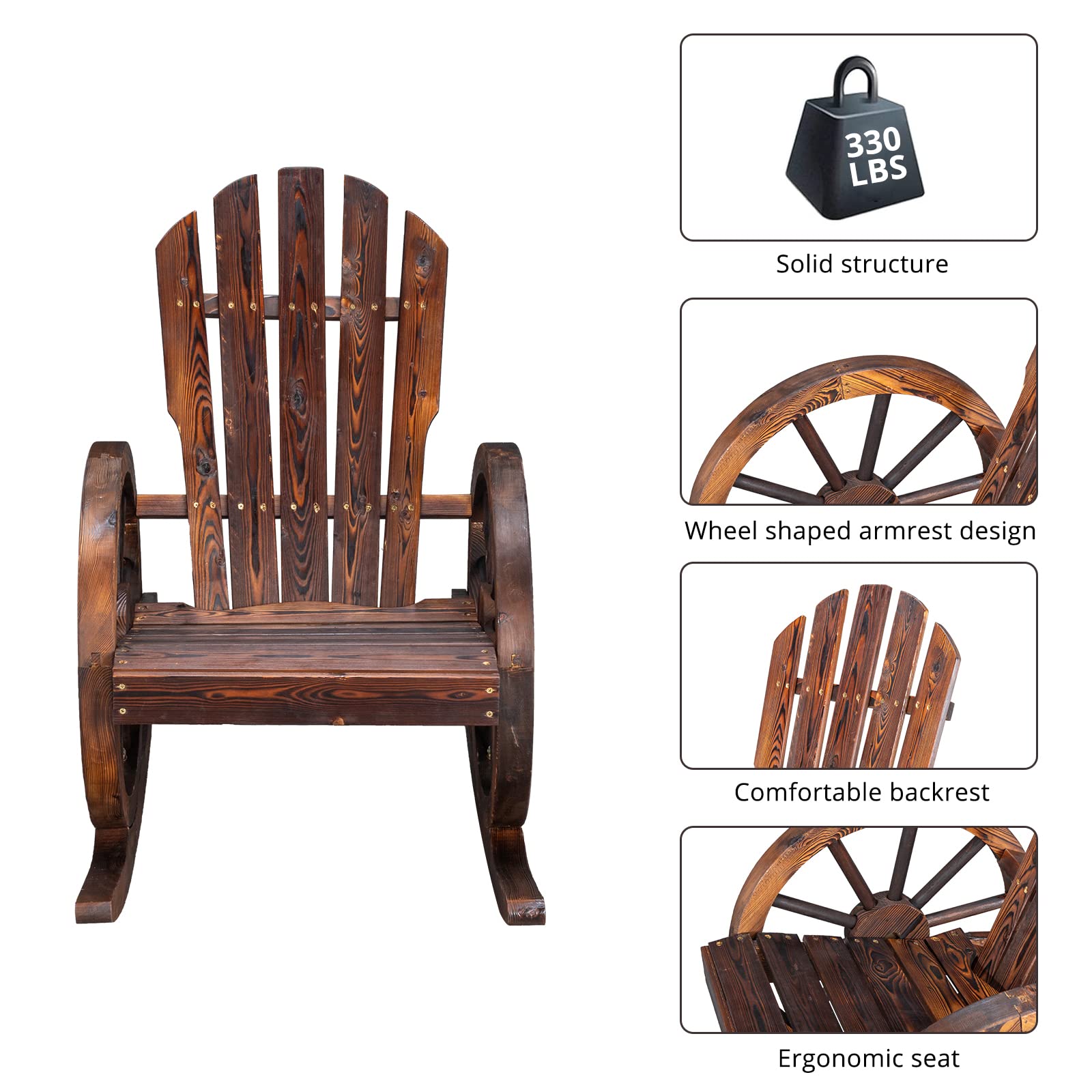 Ynredee Wooden Rocking Chair,Patio Rocker Chair with Slatted Design and Oversized Back Wagon Wheel Armrest for Porch,Poolside,Garden
