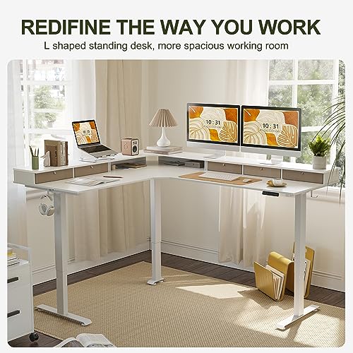 BANTI Triple Motor 75" L-Shape Standing Desk with 5 Drawers, Sit Stand Home Office Desk, Computer Workstation Corner Standing Desk with Spliced Panels, White Top