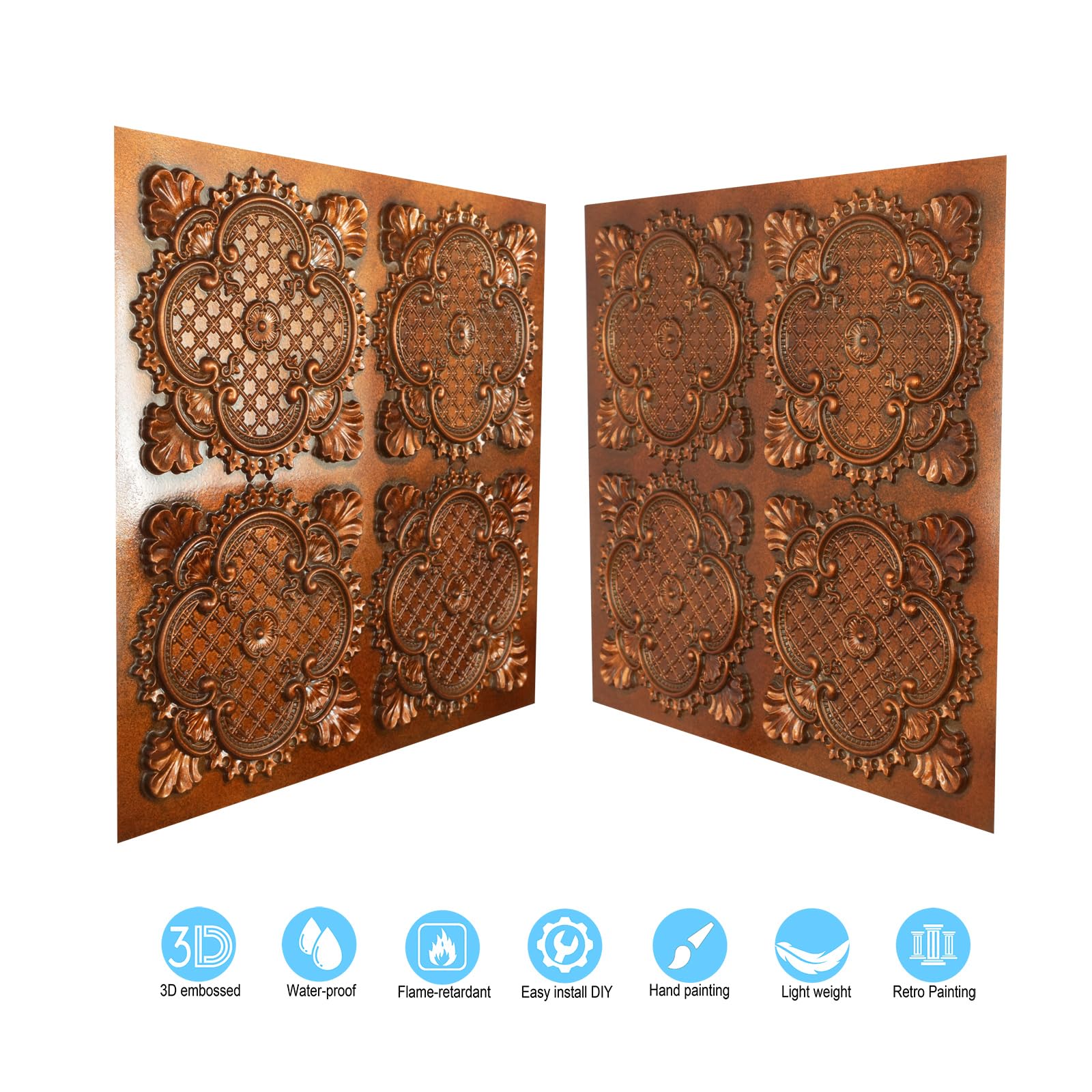 PAINTSDECOR Faux Plastic Ceiling Tiles Peel and Stick Tin Ceiling Tiles Distressed for Cafe Club Salon Hotel Store Bar 2'x2' PL80 Archaic Copper 10pcs