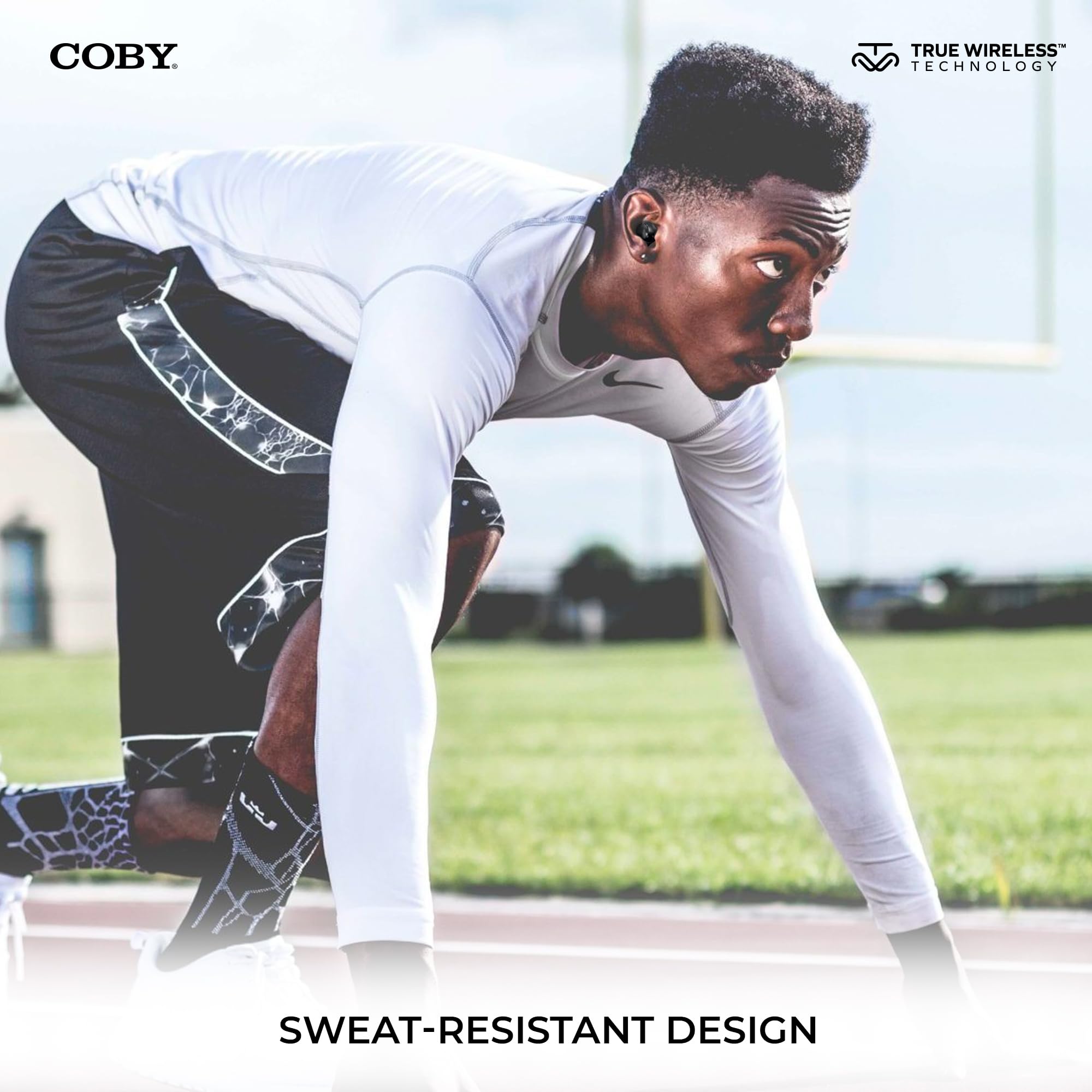 Coby Pro Fitness True Wireless Earbuds w/Charging Case | Sweat Resistant, Noise-Isolation, Auto-Pair, HD Audio, 15-HR Play Bluetooth Fitness Buds | Siri, Google Compatible, Hands-Free Calls (Black)