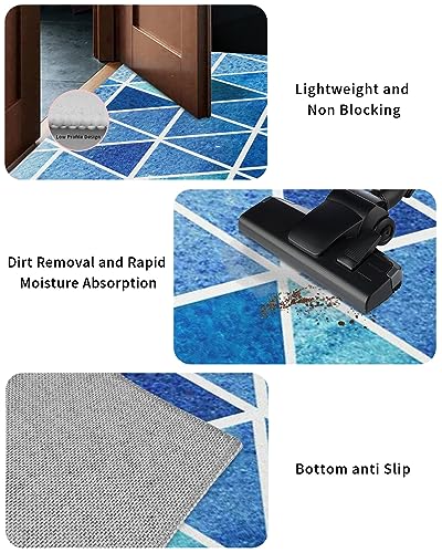 Welcome Mats, Blue Triangle Tile Pattern Door Mat, Non-Slip Absorbent Large 18x47 Inch Outdoor Indoor Mat Low-Profile Floor Mat Doormat for Entryway/Patio/Garage