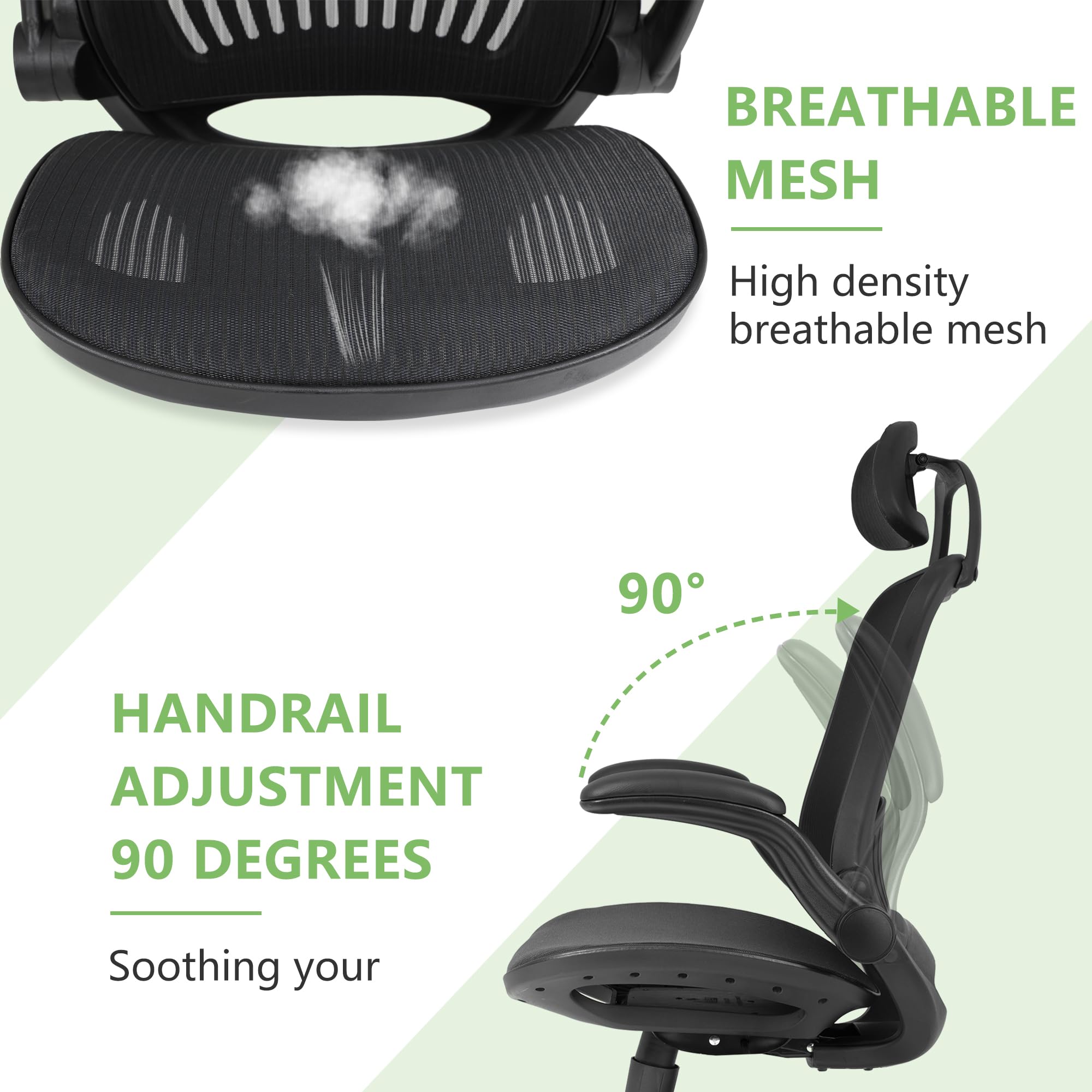 Office Chair Ergonomic Desk Chair Mesh Computer Chair with Lumbar Support Headrest Flip UP Arms Rolling Swivel Adjustable Task Chair for Adults(Black)