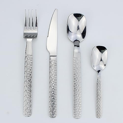 Silverware Set Flatware Cutlery Geometric Hammered Stainless Steel Kitchen Utensils Tableware,Mirror Finished,Service with Steak Knives Dinner Fork Knife Spoon