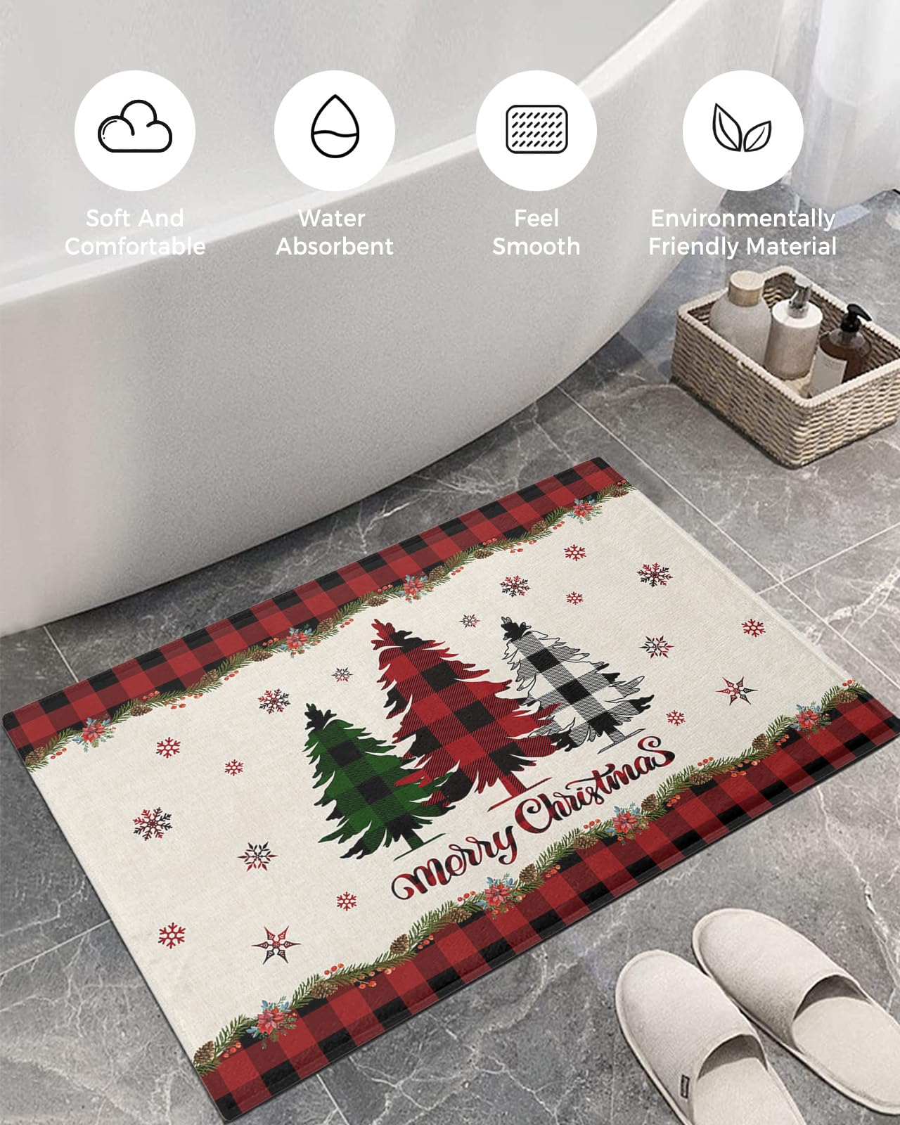 Indoor Doormat Xmas Tree Winter Snow,Shaggy Floor Mat with Non-Skid Backing Pine Cones Red Black Buffalo Check,Machine Washable Plush Area Rug Carpets for Kitchen Nursery Bedroom 16x24in