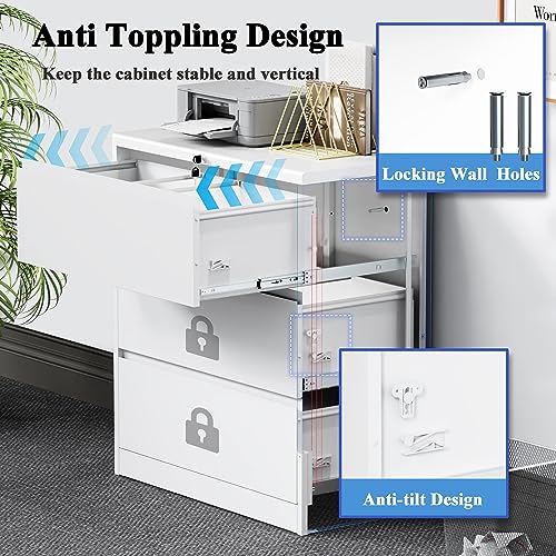 Hak Metal 3 Drawer Lateral File Cabinet with Lock, Black Office File Cabinet for Storing Legal/Letter A4 Size File, Mordent Locking Lateral Filing Cabinets for Home Office (White)