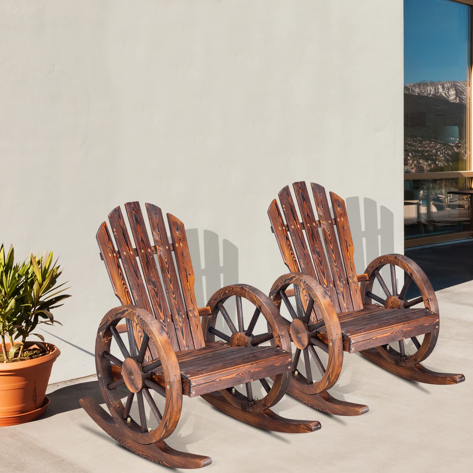 Ynredee Wooden Rocking Chair,Patio Rocker Chair with Slatted Design and Oversized Back Wagon Wheel Armrest for Porch,Poolside,Garden