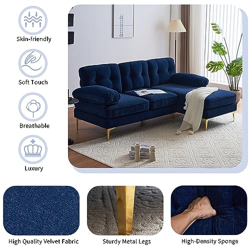 Eafurn Button Tufted Velvet Sectional, L-Shape Corner Extra Wide Chaise Lounge and Arm-Pillows, Right Hand Facing Comfy Sofa & Couches for Living Room,Up to 3 Seating Capacity, Blue 83"