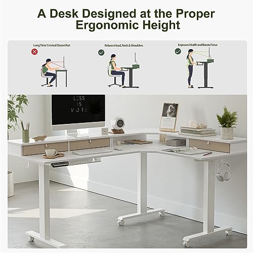 BANTI Triple Motor 75" L-Shape Standing Desk with 5 Drawers, Sit Stand Home Office Desk, Computer Workstation Corner Standing Desk with Spliced Panels, White Top