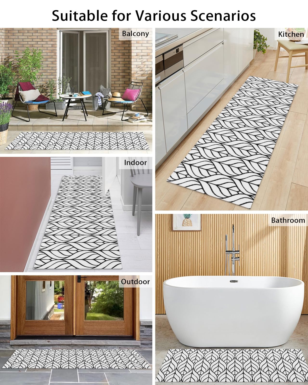 Welcome Mats, Black and White Leaf Tile Pattern Door Mat, Non-Slip Absorbent Large 20x47 Inch Outdoor Indoor Mat Low-Profile Floor Mat Doormat for Entryway/Patio/Garage