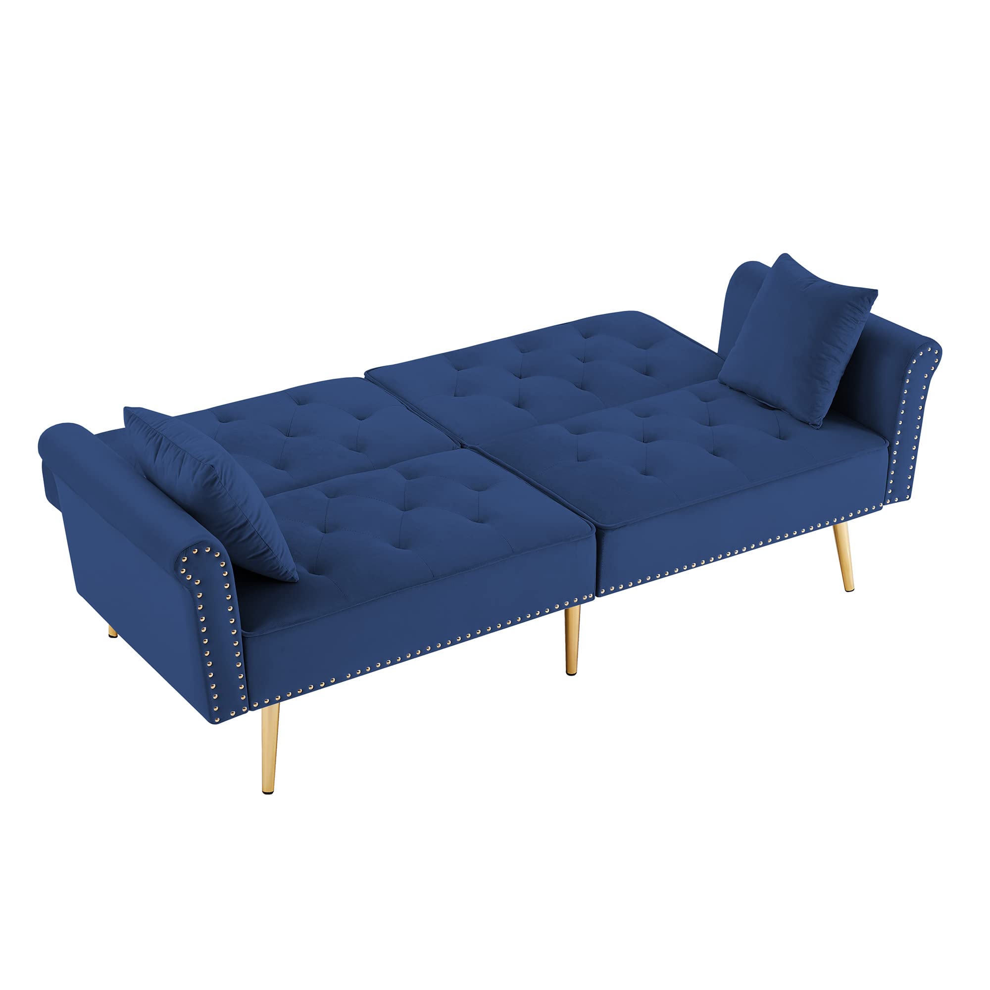 Eafurn Convertible Futon Sofa Bed Folding Sleeper Couch Velvet Upholstered Loveseat w/Nailhead Trim, Metal Legs, 2 Pillows for Compact Living Space, Apartment, Dorm, Bonus Room, Blue 76.7"