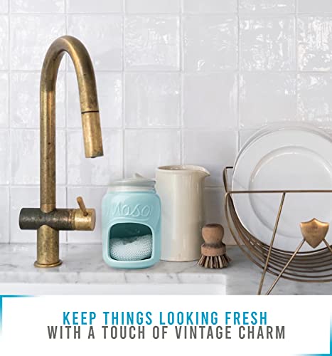 Ceramic Kitchen Sponge Holder Sink Caddy – Kitchen Décor And Accessories Farmhouse Style - Country Kitchen Sink Décor Rustic – Mason Jar Décor Sponge Holder – Scrubby Holder - Aqua Blue/Teal