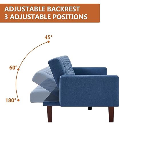Fangflower Blue Tufted Back Sofa Bed Mid-Century Convertible Sleeper Futon with Tapered Wood Legs for Living Room Apartment Lounge