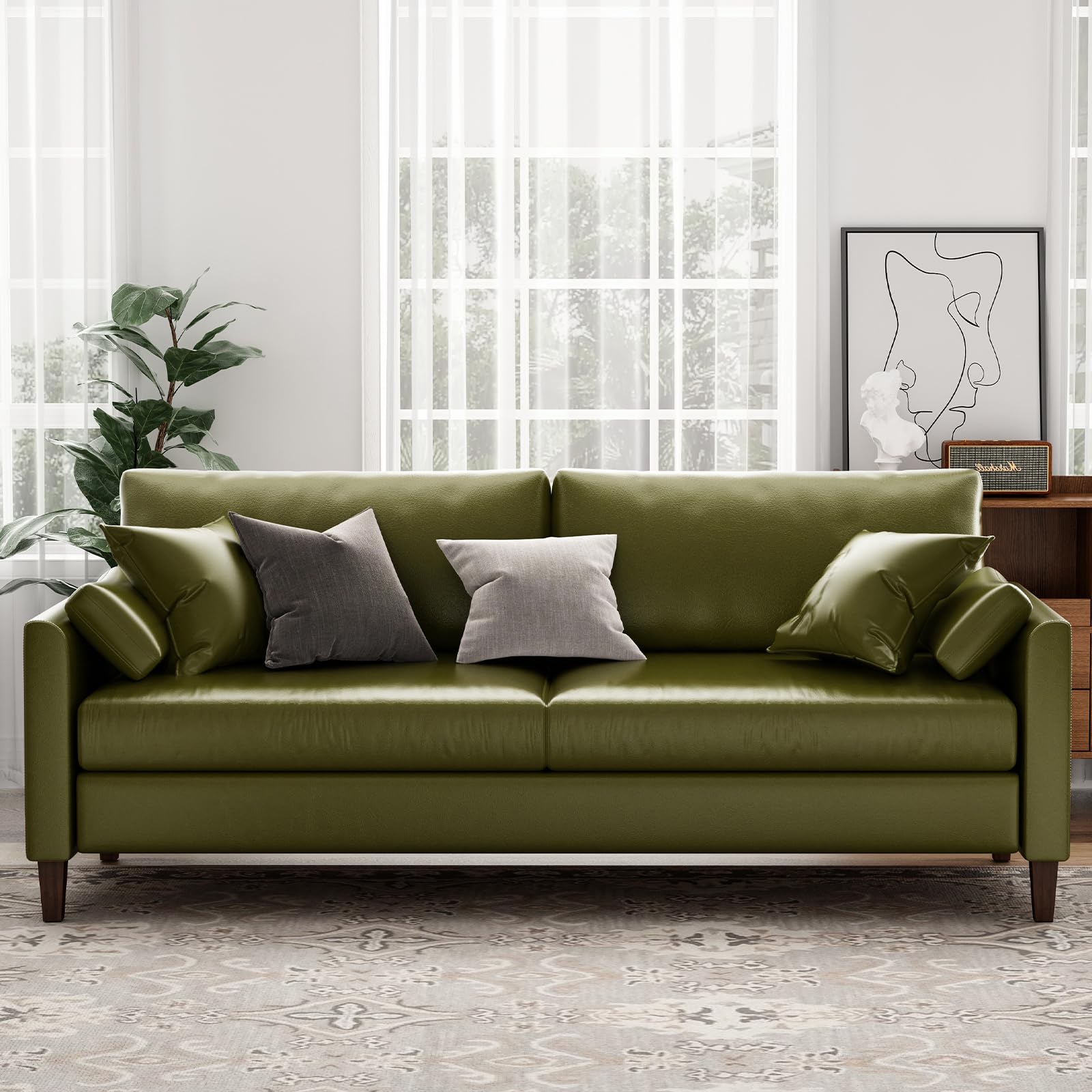 STARY 78" Faux Leather Comfy Couch for Living Room Sofas, Green