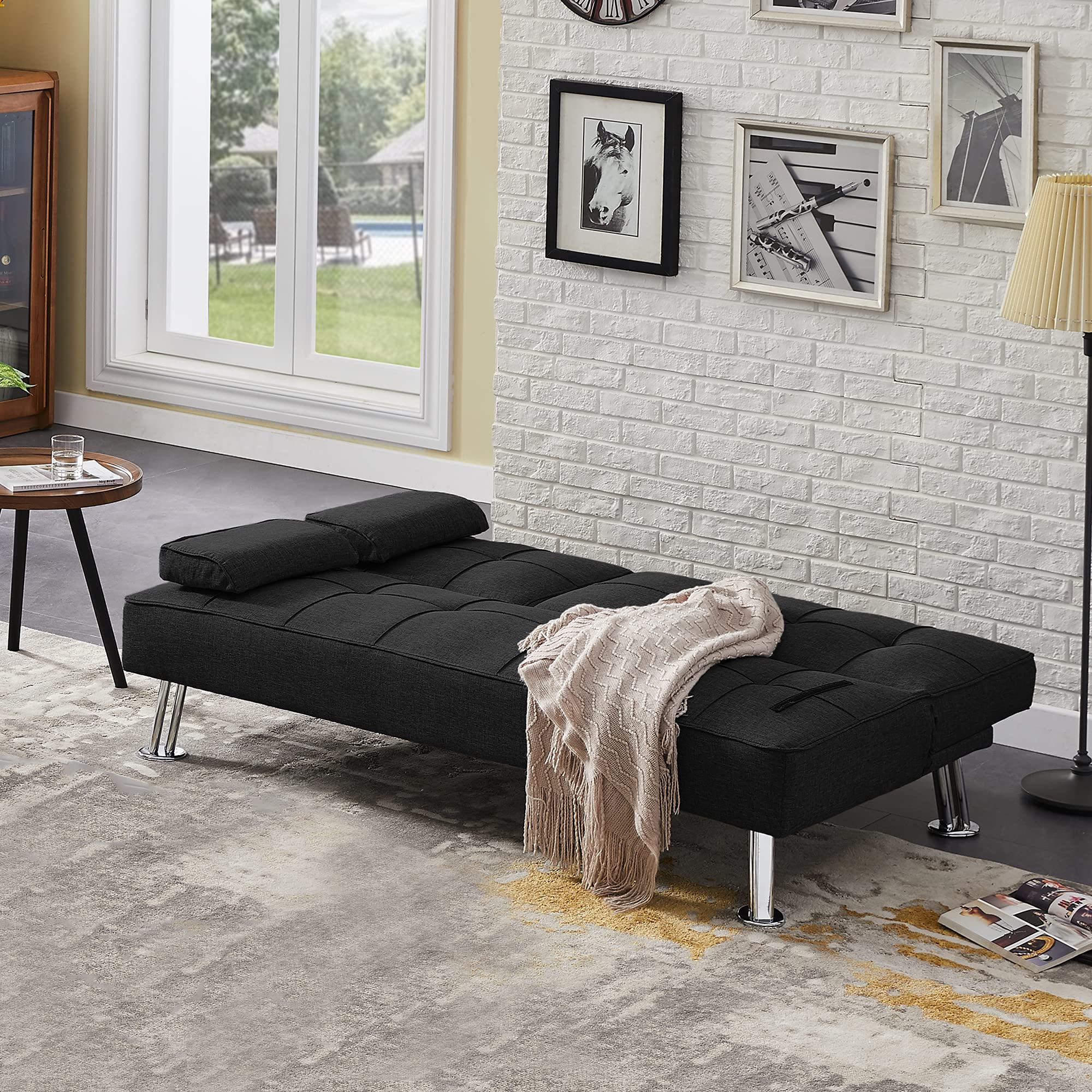 Eafurn Convertible Futon Sofa Cup Holders,Adjustable Sleeper Loveseat Couch,61.42" Linen Home Recliner Reversible Folding Daybed Guest Bed w/Removable Pillow-Top Armrests,Chromed Metal Legs, Black