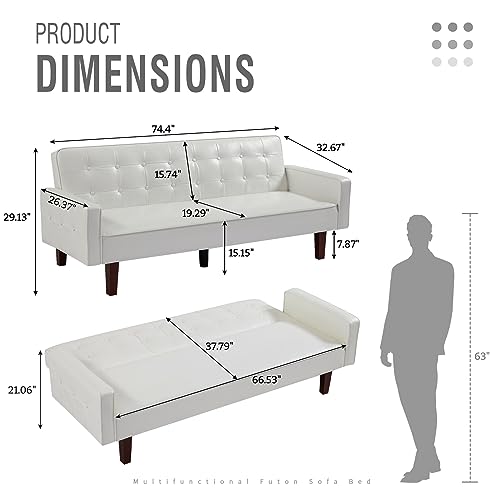 IULULU Futon Sofa Bed, Modern Convertible Faux Leather Sleeper Couch with Armrests for Studio, Office, Apartment, Compact Living, Game Room, Overnight Guests, White