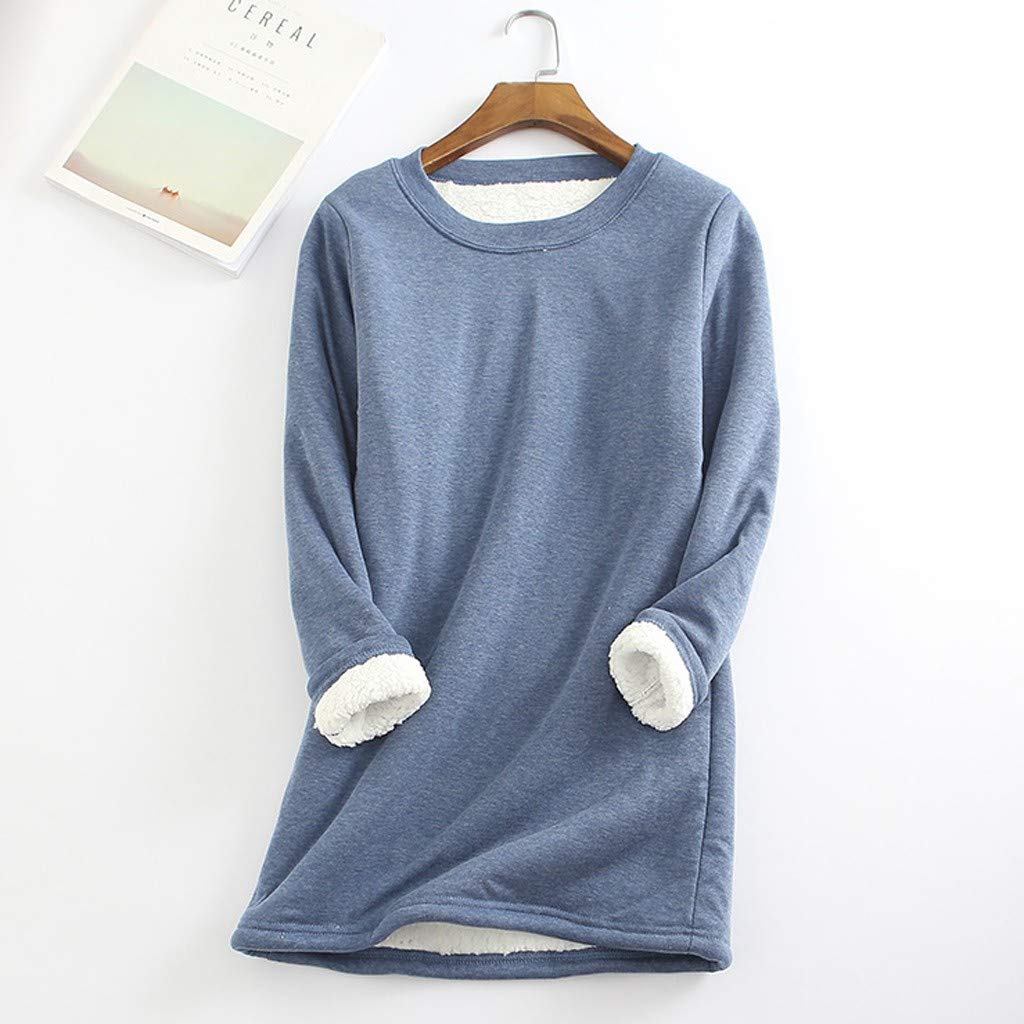 Women's Winter Warm Sherpa Lined Fleece Crewneck Sweatshirt Plus Size Pullover Fuzzy Loungewear Solid Tunic Tops A-Blue