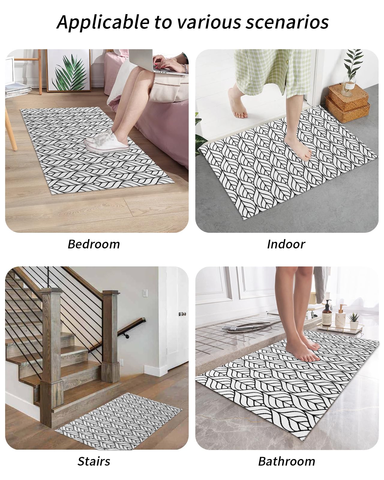 Indoor Outdoor Mats, Black and White Leaf Tile Pattern Door Mat, Non-Slip Absorbent Resist Dirt Entrance Mat Washable Welcome Mats for Entryway, Low-Profile Floor Mats