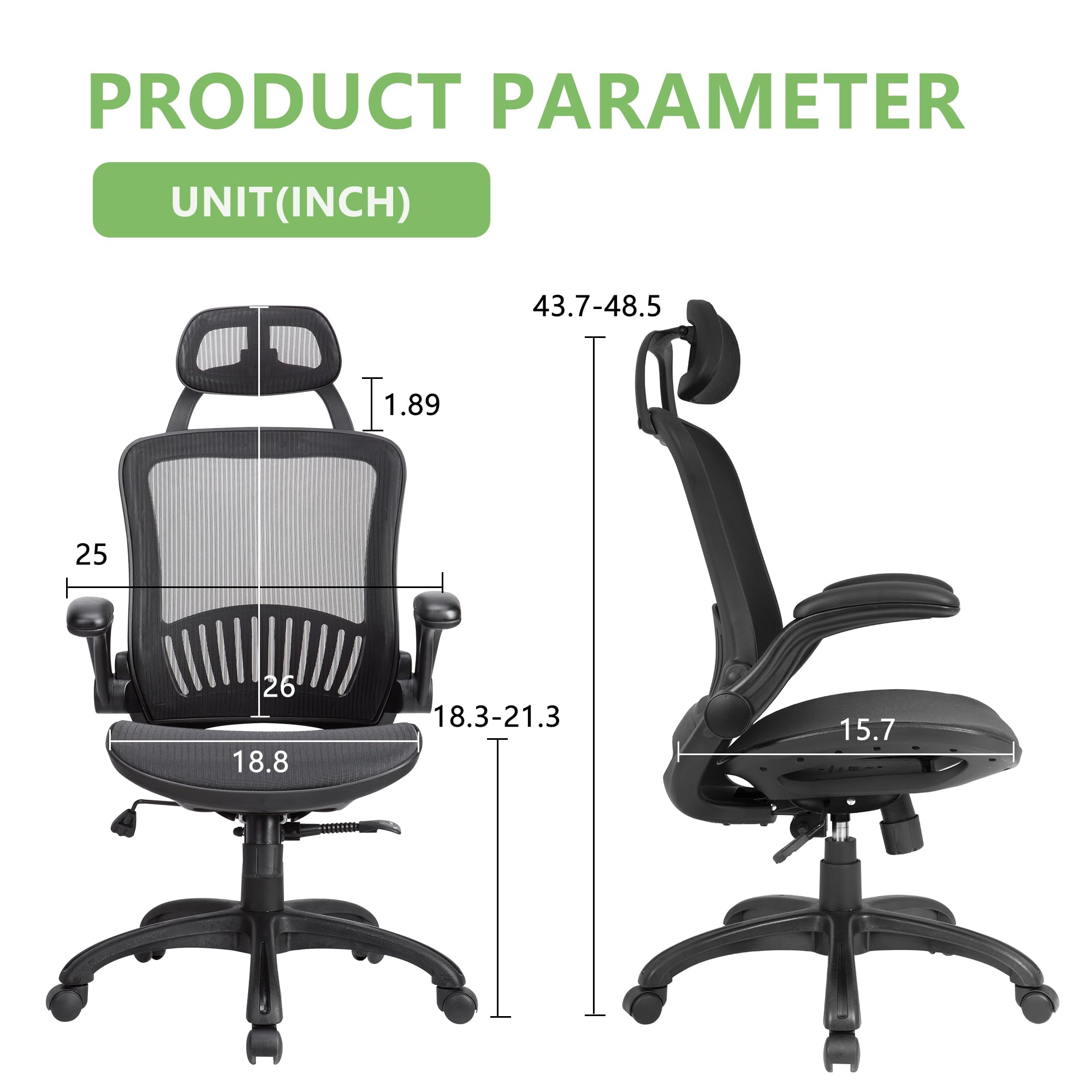 Office Chair Ergonomic Desk Chair Mesh Computer Chair with Lumbar Support Headrest Flip UP Arms Rolling Swivel Adjustable Task Chair for Adults(Black)