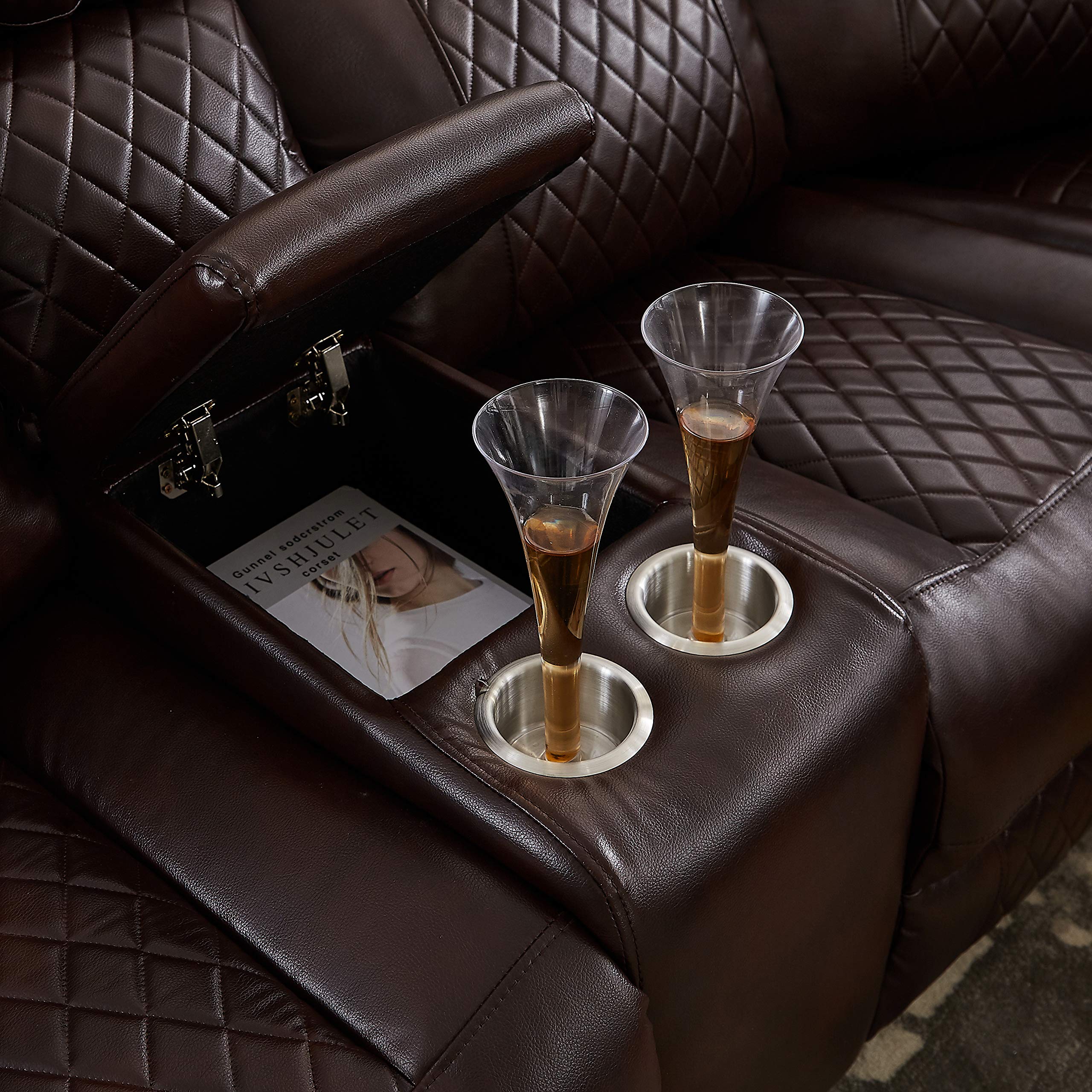 DHHU Living Room Leather Motion Sectional Sofa, PU L Shape Symmertrical Reclining Couch with Cup Holder and Storage Box, Leathaire Corner Couches Modern Reclining Sofá, Brown