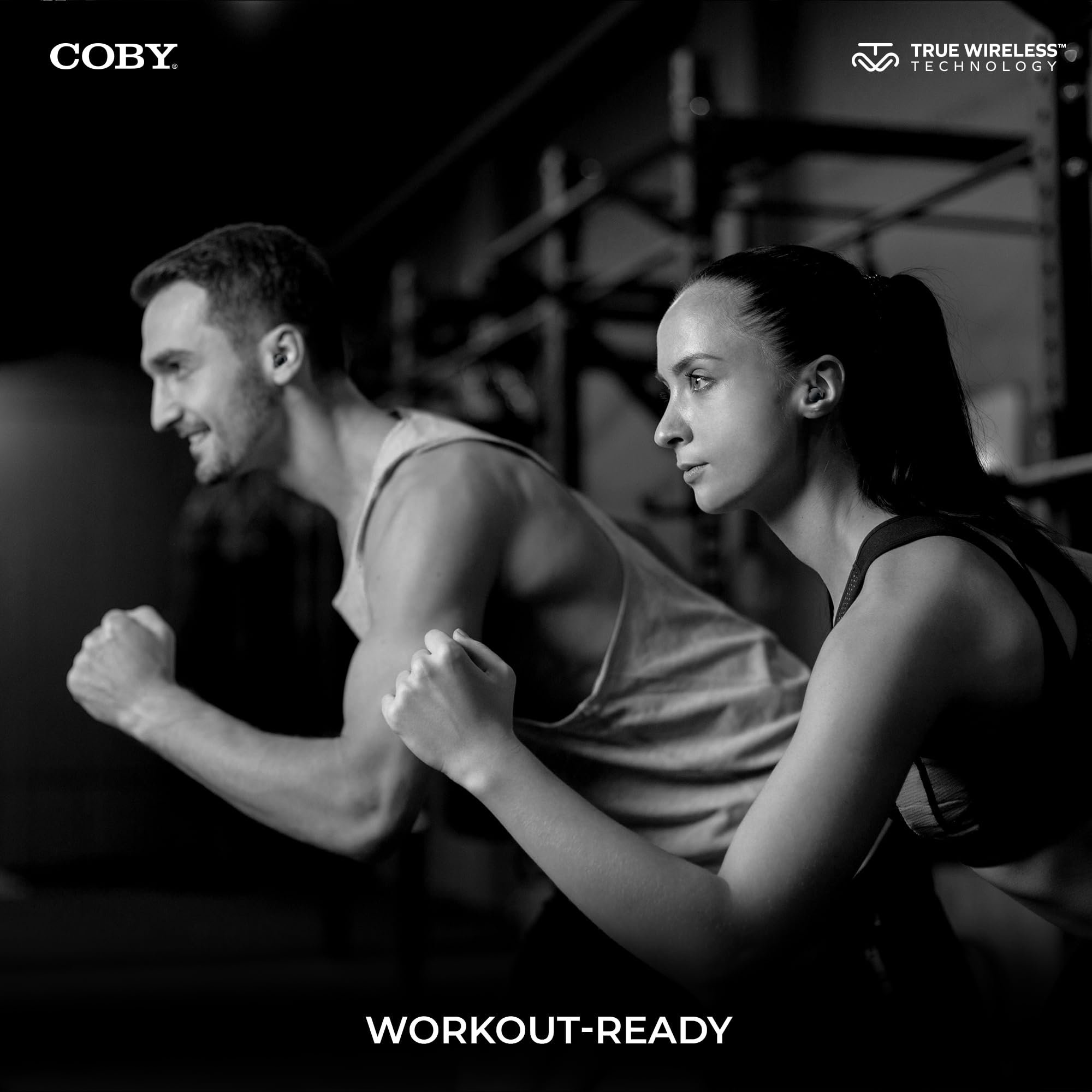 Coby Pro Fitness True Wireless Earbuds w/Charging Case | Sweat Resistant, Noise-Isolation, Auto-Pair, HD Audio, 15-HR Play Bluetooth Fitness Buds | Siri, Google Compatible, Hands-Free Calls (Black)