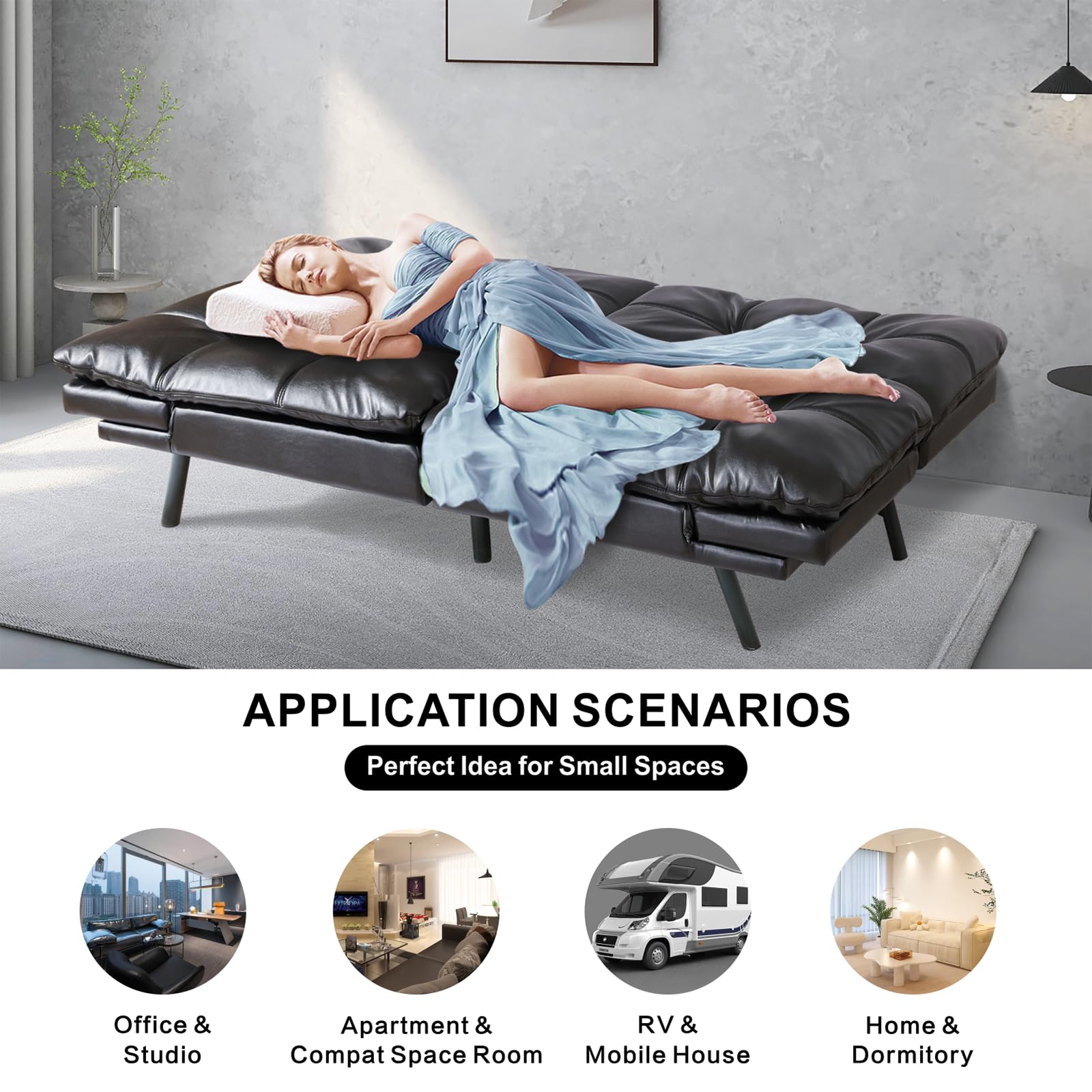 MUUEGM Futon Sofa Bed Memory Foam Convertible Couch Sleeper,Modern Faux Leather Love Seat for Living Room Small Space Apartment Office,Adjustable Backrest Armrest,71" Sofabed, Black-New