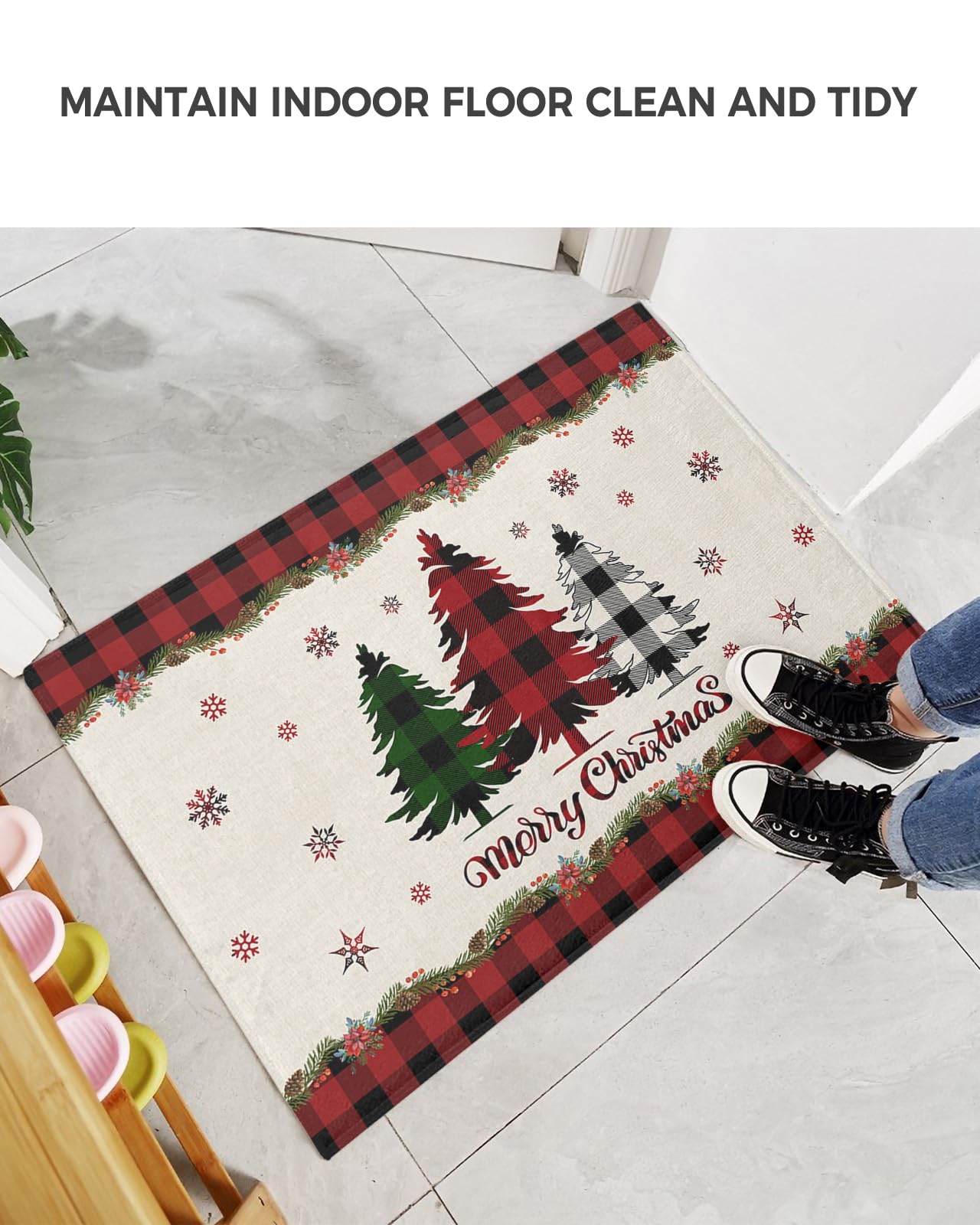 Indoor Doormat Xmas Tree Winter Snow,Shaggy Floor Mat with Non-Skid Backing Pine Cones Red Black Buffalo Check,Machine Washable Plush Area Rug Carpets for Kitchen Nursery Bedroom 16x24in