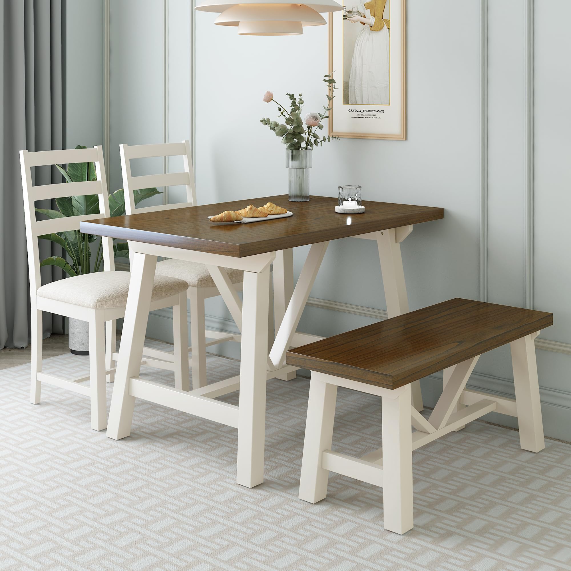 Bellemave Farmhouse 4-Piece Dining Table Set, Solid Wood Kitchen Table Set with 2 Cushions Chairs and Bench, Dining Table Set for Home Kitchen Dining Room Furniture(Acasia Brown+Butter Milk)