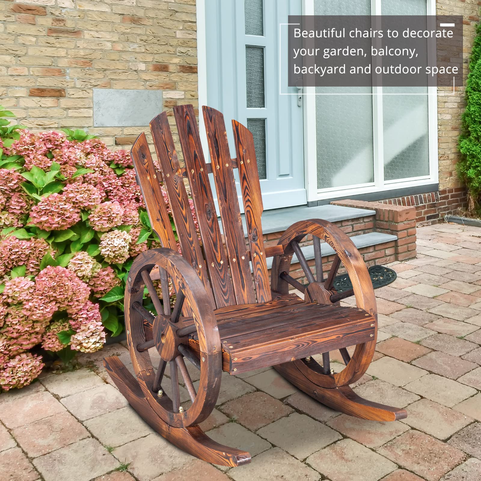 Ynredee Wooden Rocking Chair,Patio Rocker Chair with Slatted Design and Oversized Back Wagon Wheel Armrest for Porch,Poolside,Garden