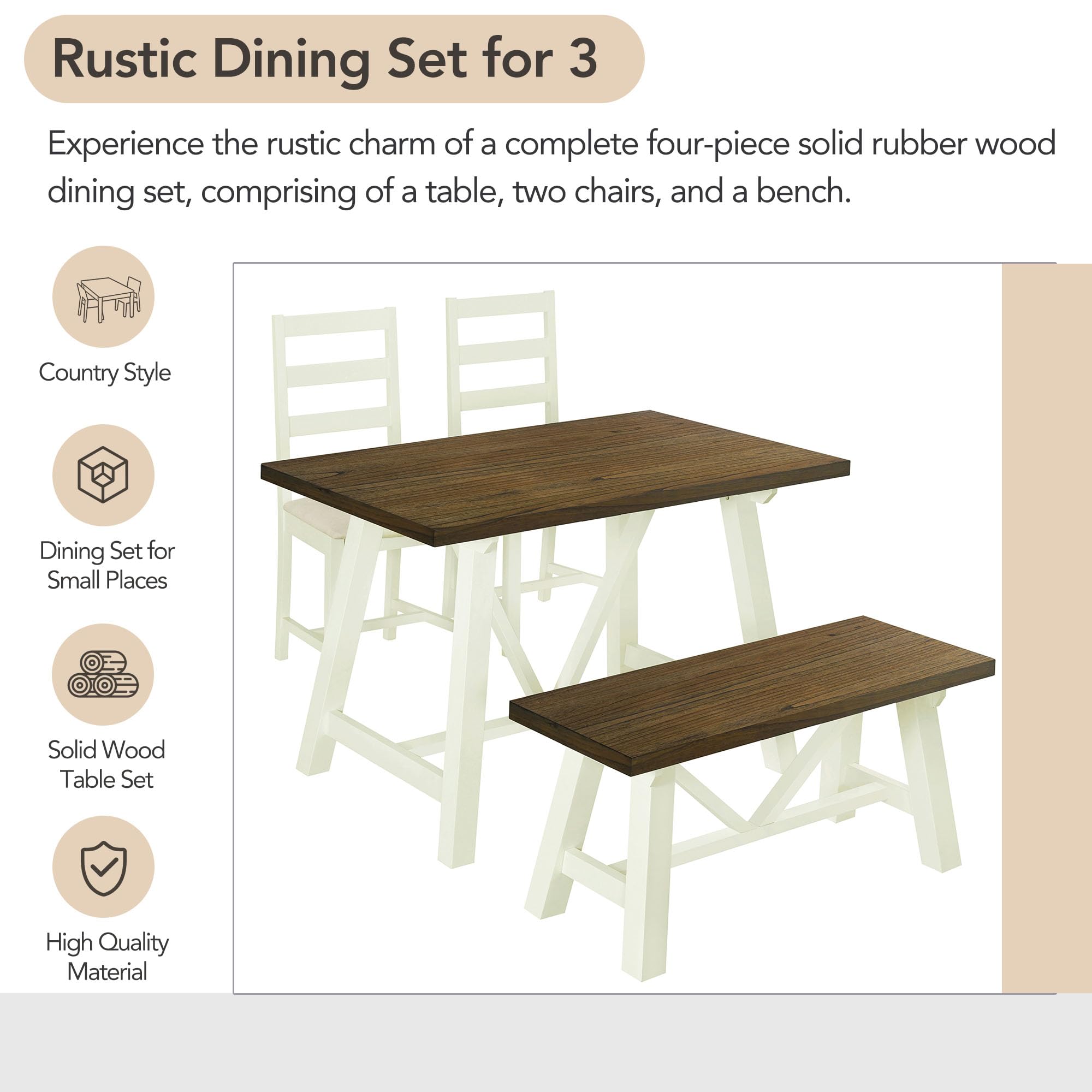 Bellemave Farmhouse 4-Piece Dining Table Set, Solid Wood Kitchen Table Set with 2 Cushions Chairs and Bench, Dining Table Set for Home Kitchen Dining Room Furniture(Acasia Brown+Butter Milk)