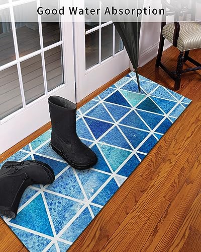 Welcome Mats, Blue Triangle Tile Pattern Door Mat, Non-Slip Absorbent Large 18x47 Inch Outdoor Indoor Mat Low-Profile Floor Mat Doormat for Entryway/Patio/Garage