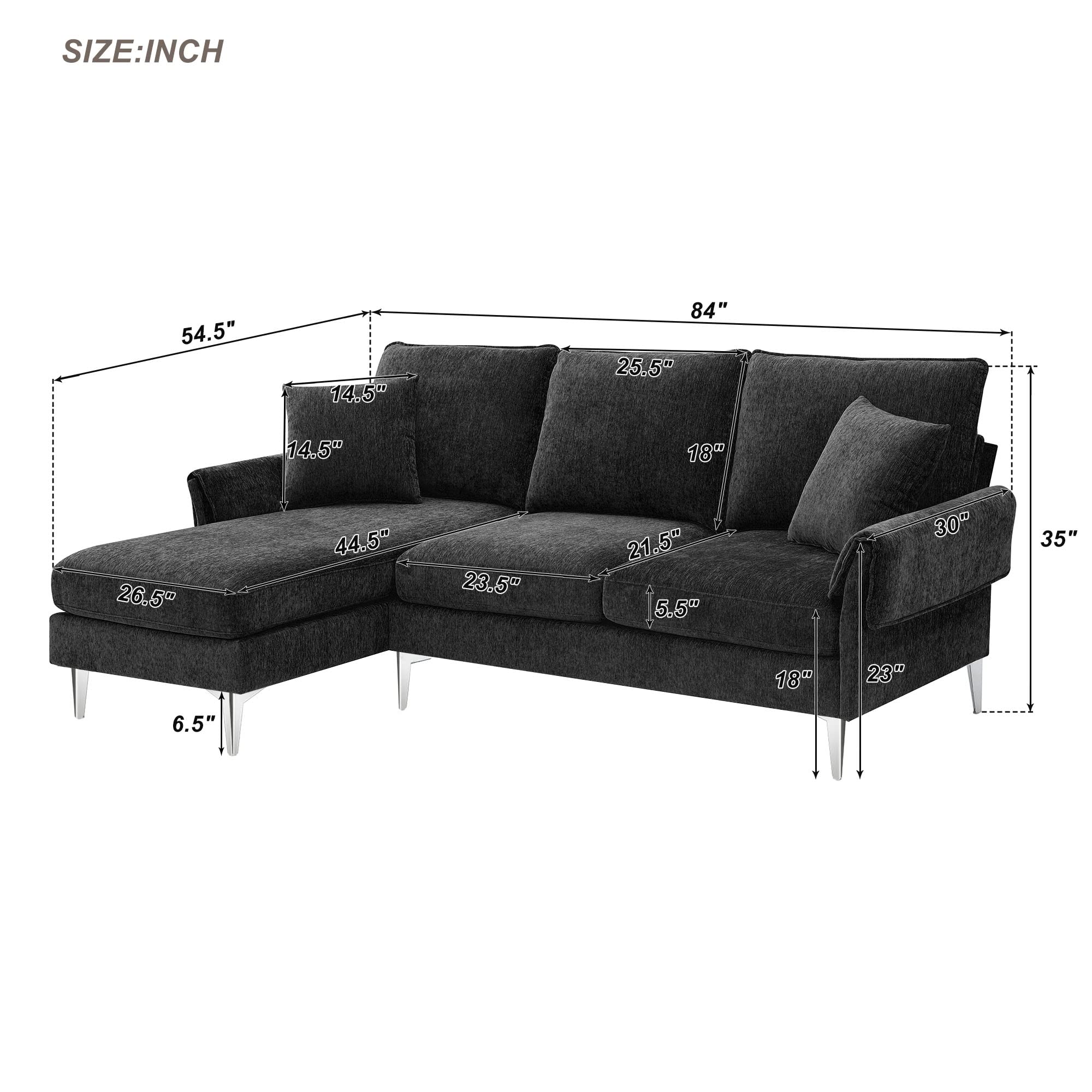 KoiHome 84" Convertible Sectional 2 Pillows, Modern Chenille L-Shaped Couch with Reversible Chaise Lounge, 3-Seater Sleeper Sofa, Fit for Living Room,Office,Apartment, Polyester, Black