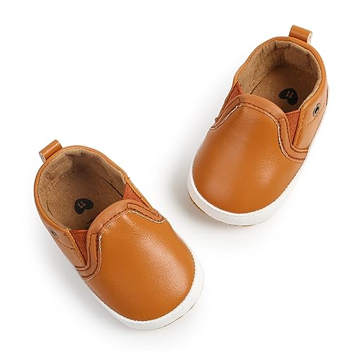 LAFEGEN Baby Boys Girls Classic PU Leather Loafers Soft Sole Oxford Dress Shoes First Walking Flat Moccasins Casual Sneaker(6-12 Months Infant 15 Brown)