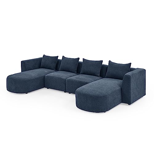 Evedy Sectional, U Shape Single Seats and 2 Chaises, Modular Upholstered Sofas, DIY Combination, Loop Yarn Fabric, Deep Seater Cozy Couches for Living Room, Navy