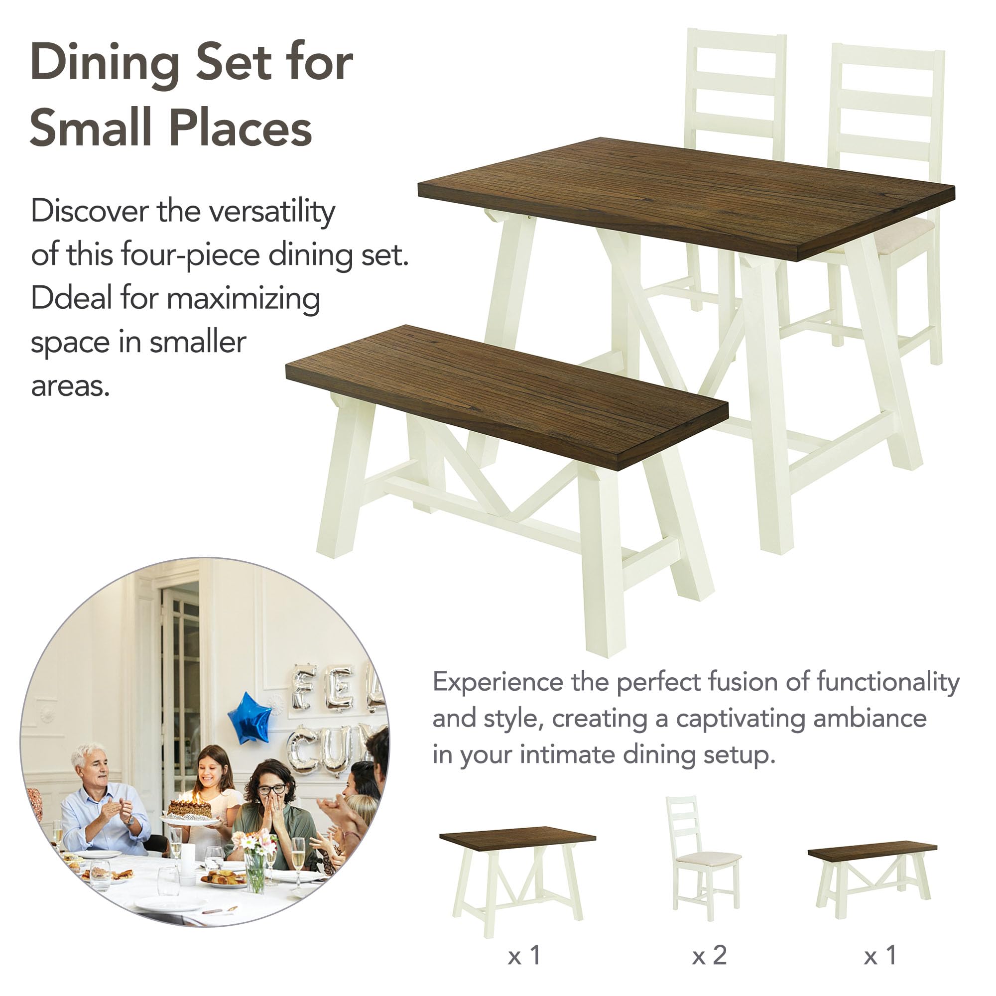 Bellemave Farmhouse 4-Piece Dining Table Set, Solid Wood Kitchen Table Set with 2 Cushions Chairs and Bench, Dining Table Set for Home Kitchen Dining Room Furniture(Acasia Brown+Butter Milk)