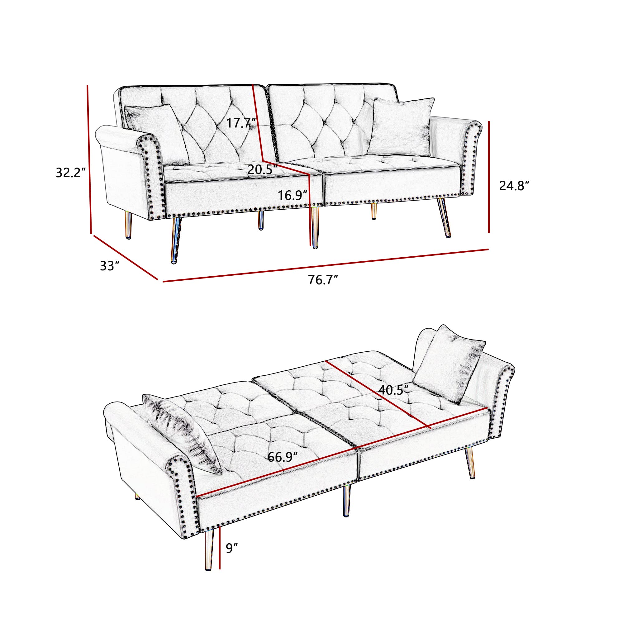 Eafurn Convertible Futon Sofa Bed Folding Sleeper Couch Velvet Upholstered Loveseat w/Nailhead Trim, Metal Legs, 2 Pillows for Compact Living Space, Apartment, Dorm, Bonus Room, Blue 76.7"