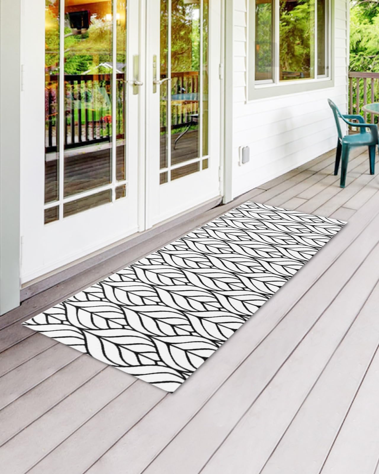 Welcome Mats, Black and White Leaf Tile Pattern Door Mat, Non-Slip Absorbent Large 20x47 Inch Outdoor Indoor Mat Low-Profile Floor Mat Doormat for Entryway/Patio/Garage