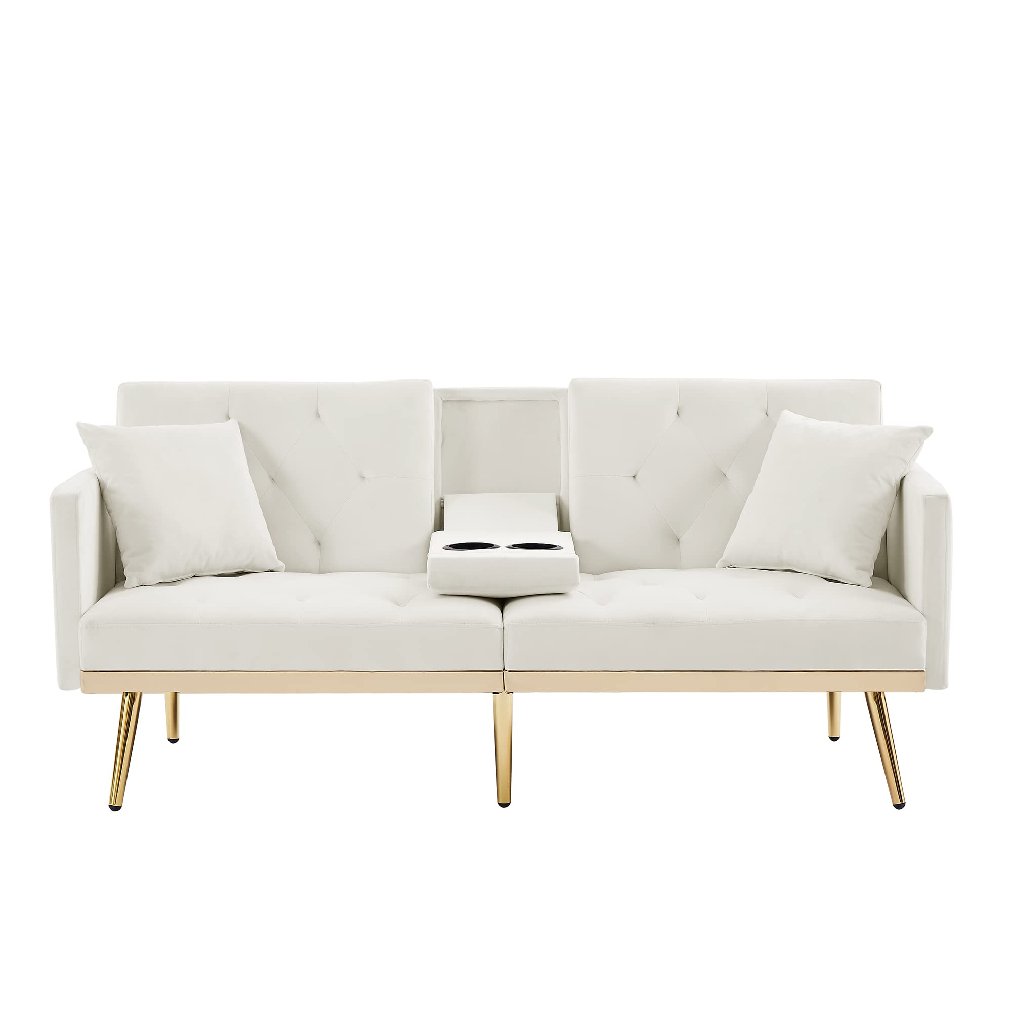 Velvet Upholstered Folding Futon Sofa Bed with 2 Cup Holders, 69.2" Modern Convertible Loveseat Couch Adjustable Recliner Love Seat with Side Pockets for Living Room Bedroom Office Small Places