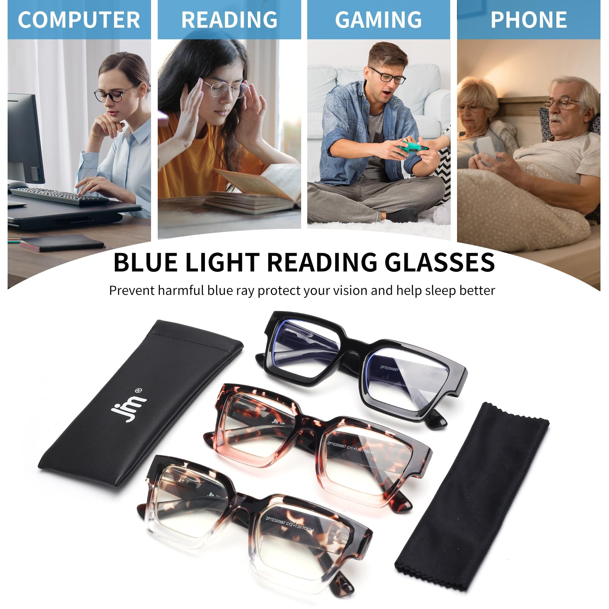 JM 3 Pack Square Oprah Style Reading Glasses for Women Men, Oversized Rectangle Spring Hinge Readers Blue Light Blocking +0.0