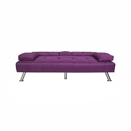 YUNLife Twin Size Linen Upholstered Modern Convertible Folding Futon Loveseat Sofa Sleeper Bed 2 Seaters Recliner Couch with Cup Holders,3 Angles,Metal Legs,Removable Soft Pillow-Top Armrest