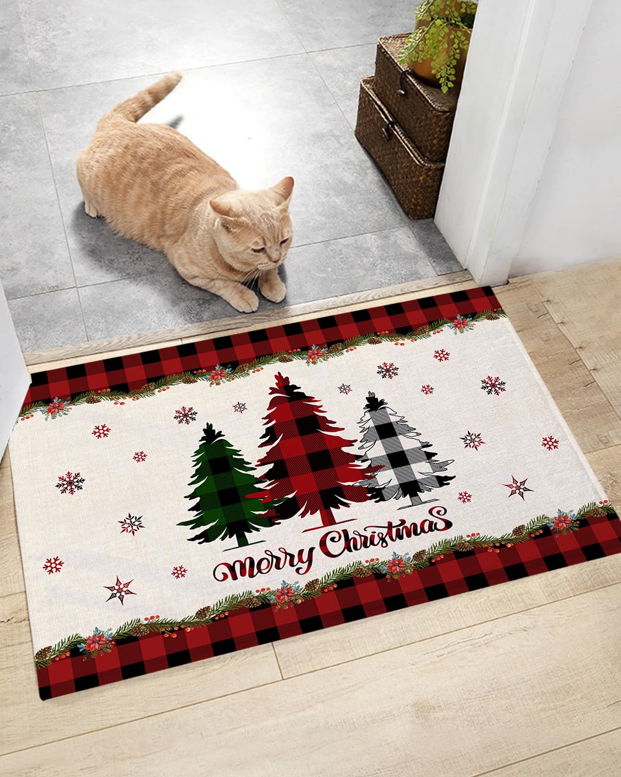 Indoor Doormat Xmas Tree Winter Snow,Shaggy Floor Mat with Non-Skid Backing Pine Cones Red Black Buffalo Check,Machine Washable Plush Area Rug Carpets for Kitchen Nursery Bedroom 16x24in