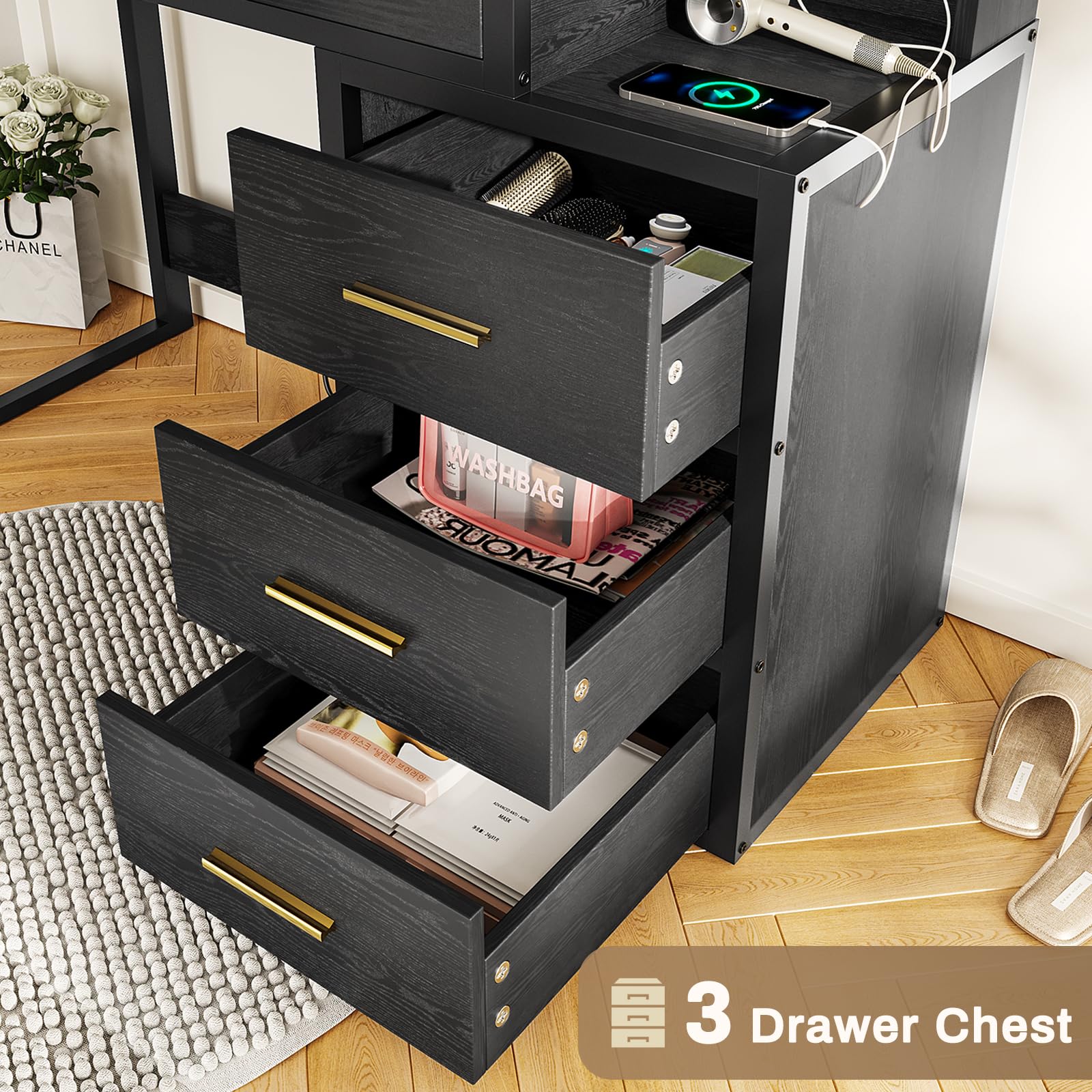 BTHFST Makeup Vanity with Lights and Charging Station, Black Vanity Desk with Mirror and Lights, Makeup Table with 5 Drawers and Shelves, Vanity Mirror with Lights Desk, Black Wood Grain