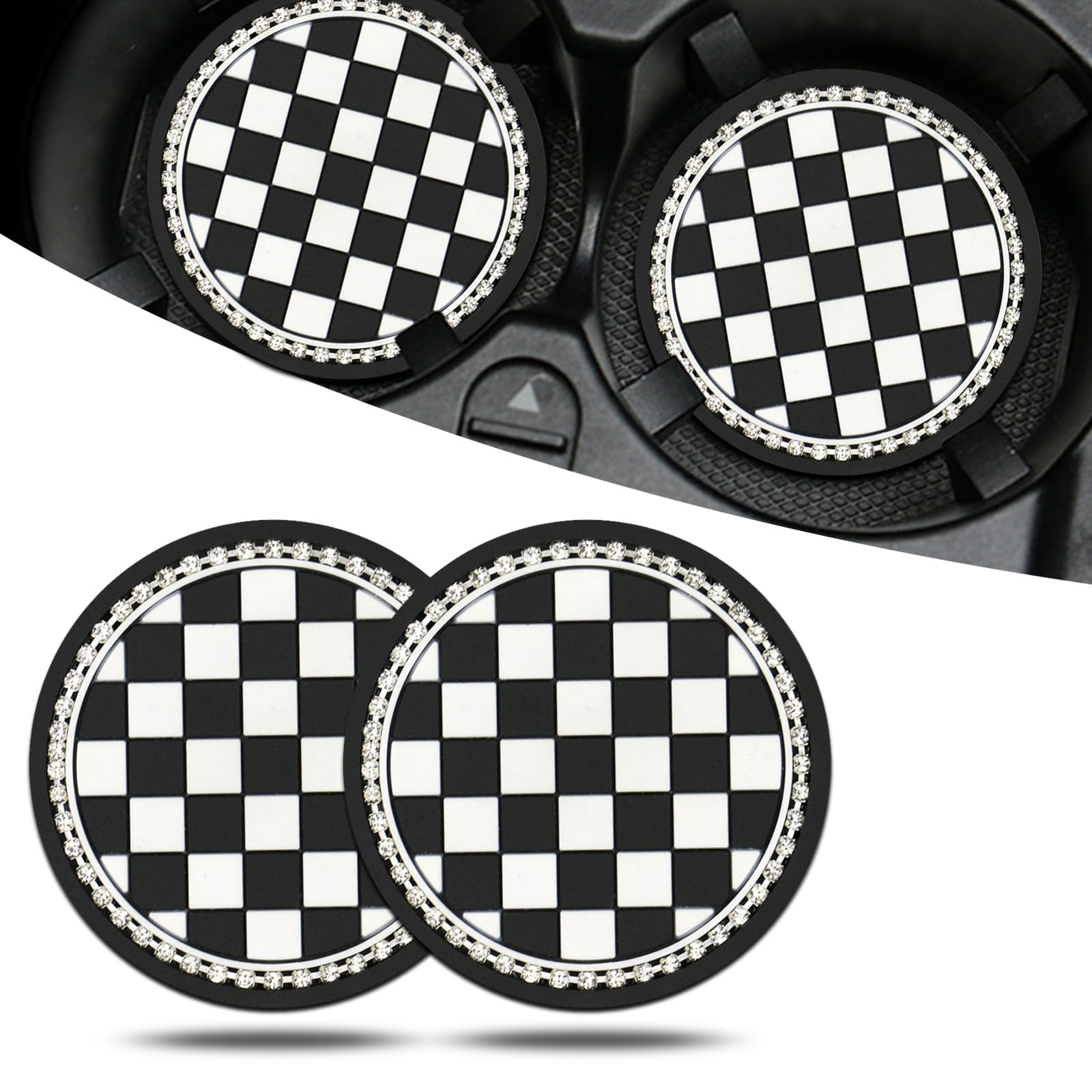GKmow 2 PCS Bling Car Coasters, 2.7" Grid PVC Cute Anti-Slip Crystal Rhinestone Drink Car Cup Mat, Universal Car Cup Holder Insert Coaster for Most Cars