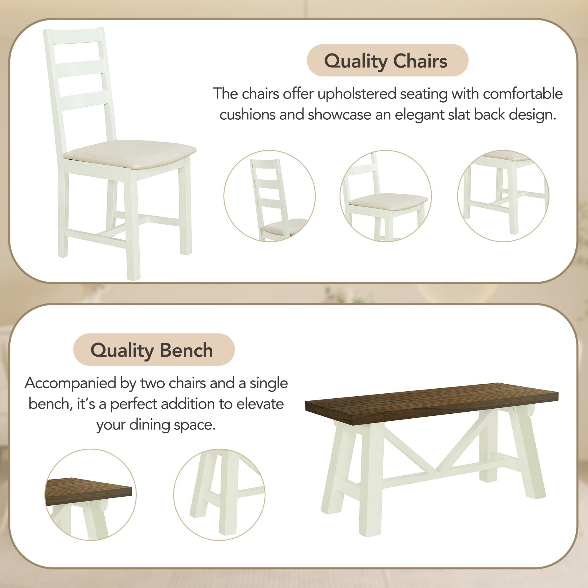 Bellemave Farmhouse 4-Piece Dining Table Set, Solid Wood Kitchen Table Set with 2 Cushions Chairs and Bench, Dining Table Set for Home Kitchen Dining Room Furniture(Acasia Brown+Butter Milk)