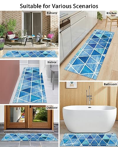 Welcome Mats, Blue Triangle Tile Pattern Door Mat, Non-Slip Absorbent Large 18x47 Inch Outdoor Indoor Mat Low-Profile Floor Mat Doormat for Entryway/Patio/Garage